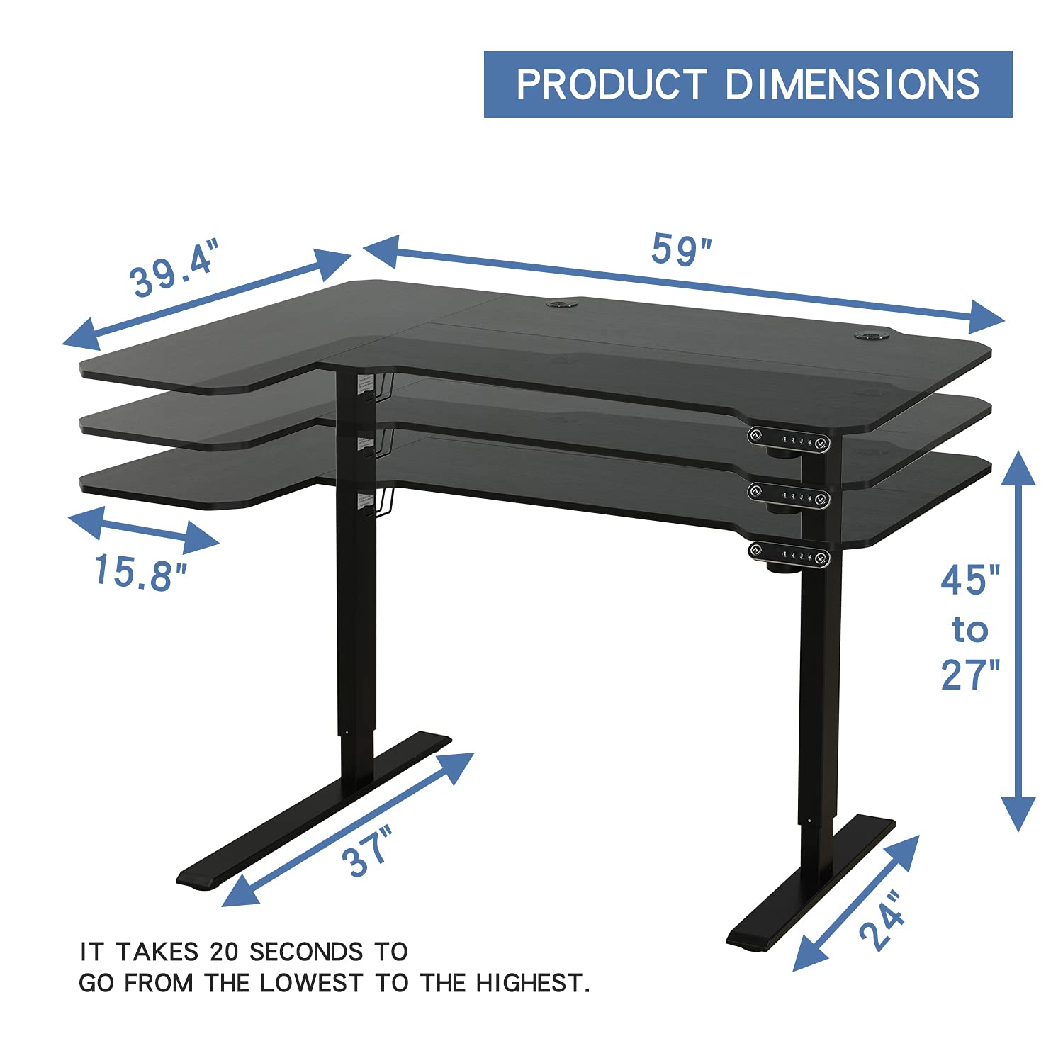 bilbil L-Shaped Electric Height Adjustable Standing Desk 59 Inches, Stand Up Rising Table for Home Office with Splice Board, Black Frame and Top