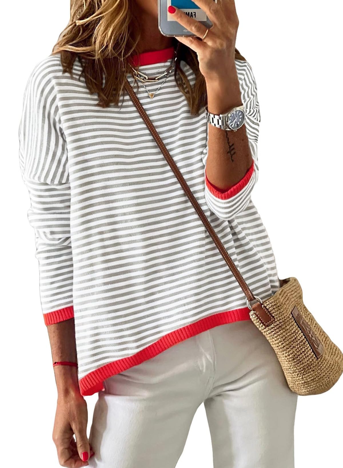 Dokotoo Summer Tops for Women 2025 Fashion Spring Crewneck Long Sleeve Clothes Tops Casual Striped Color Block Womens Pullover Sweater Clothing Gray Large