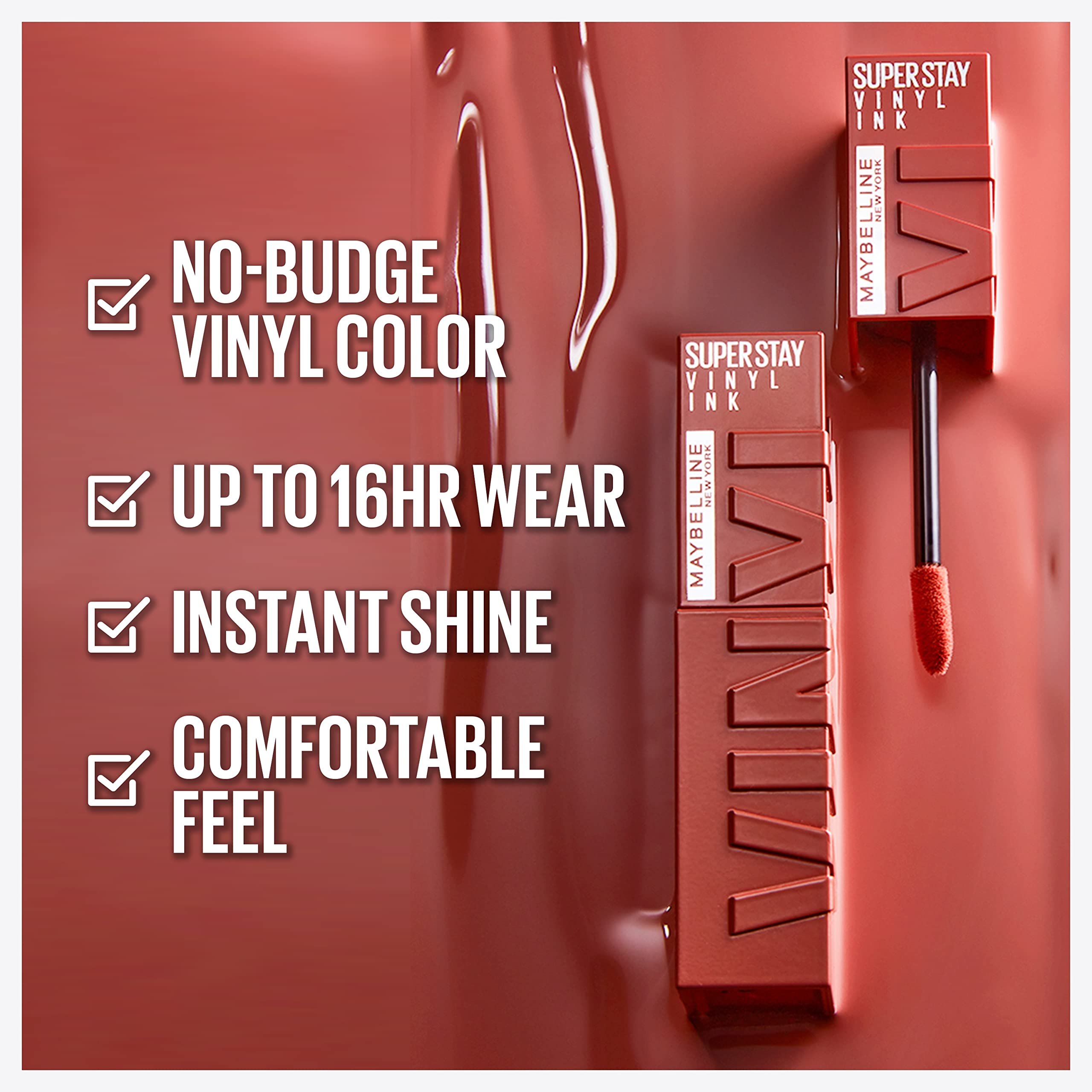 Maybelline Super Stay Vinyl Ink Longwear No-Budge Liquid Lipcolor Makeup, Highly Pigmented Color and Instant Shine, Peppy, Pink Lipstick, 0.14 fl oz, 1 Count