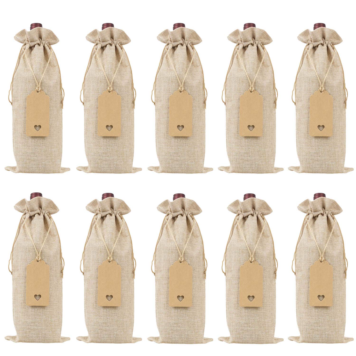 Keniot Burlap Wine Bags Wine Gift Bags with Drawstrings, Single Reusable Wine Bottle Covers with Ropes and Tags (10 Pcs)