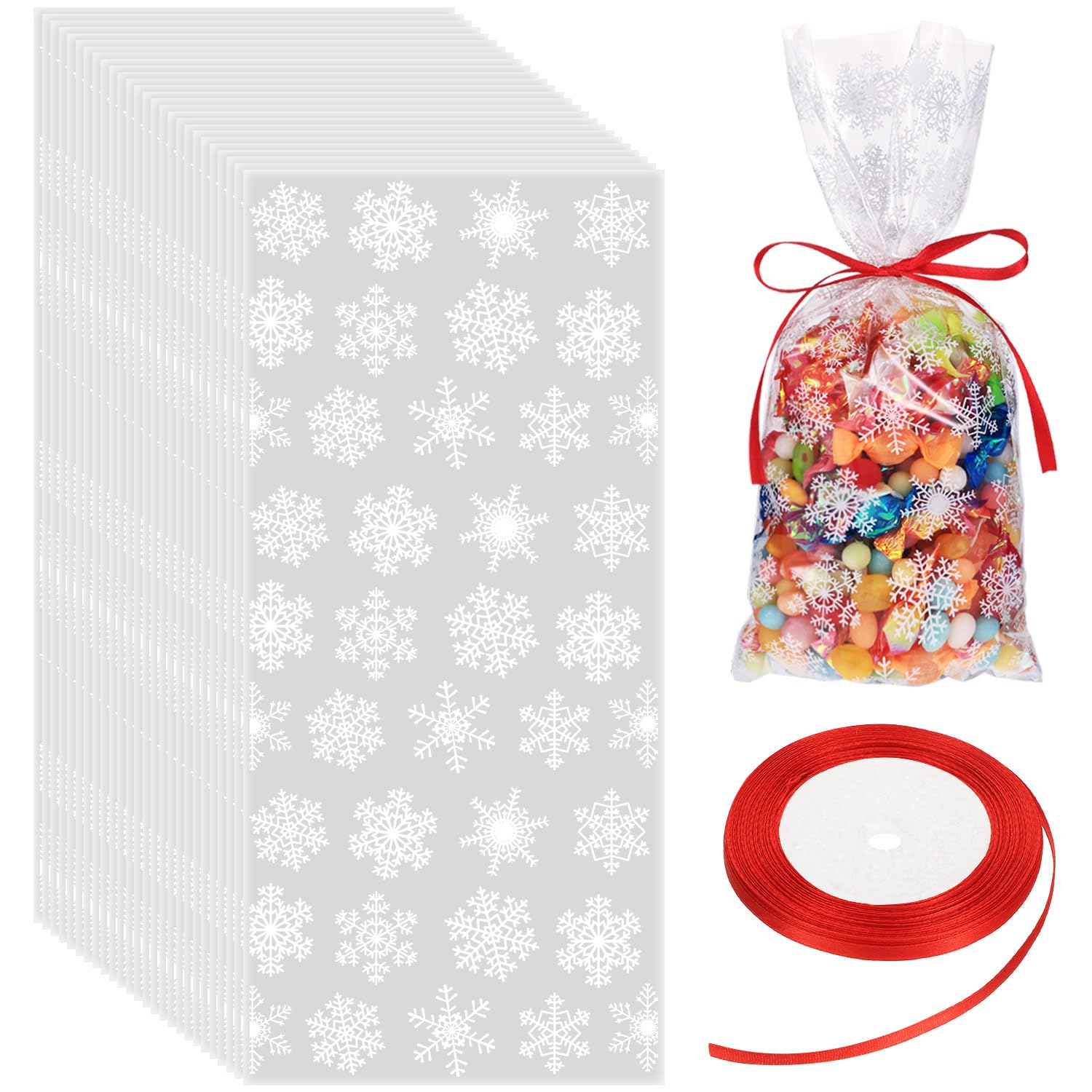 100 Pieces Winter Snowflake Bags Cellophane Holiday Treat Bags Snowflake Cookie Cellophane Bags With Ribbon for Winter Holiday Party Supplies (White Bag with Red Ribbon)