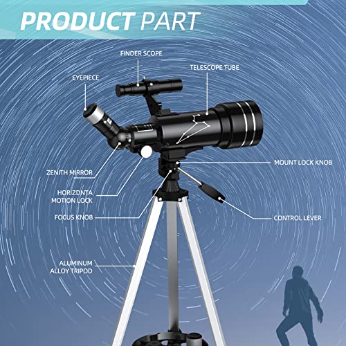 Telescope 70mm Aperture 400mm - for Adults & Kids, Refracting Portable Telescopes for Adults Astronomy Beginners Telescope with Tripod, Phone Adapter, Wireless Remote, Carrying Bag Black