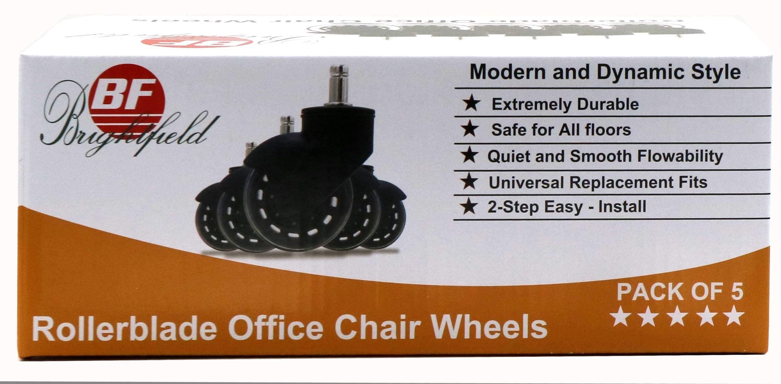 BF BRIGHTFIELD Office Chair Caster Wheels Set of 5 Swivel Vertical Axle Heavy Duty & Safe for All Floors Including Hardwood 3" Rubber Replacement for Desk Floor Mats