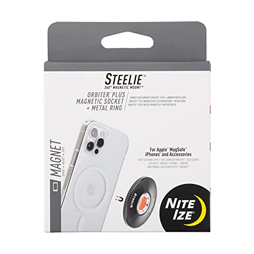 Nite Ize, Inc. STOMS-01-R8 Nite IZE Steelie Orbiter Plus Socket + Metal Ring, Holder iPhone 12 / Mini/Pro Max, Car Works with MagSafe Charger Magnetic Mount, Black