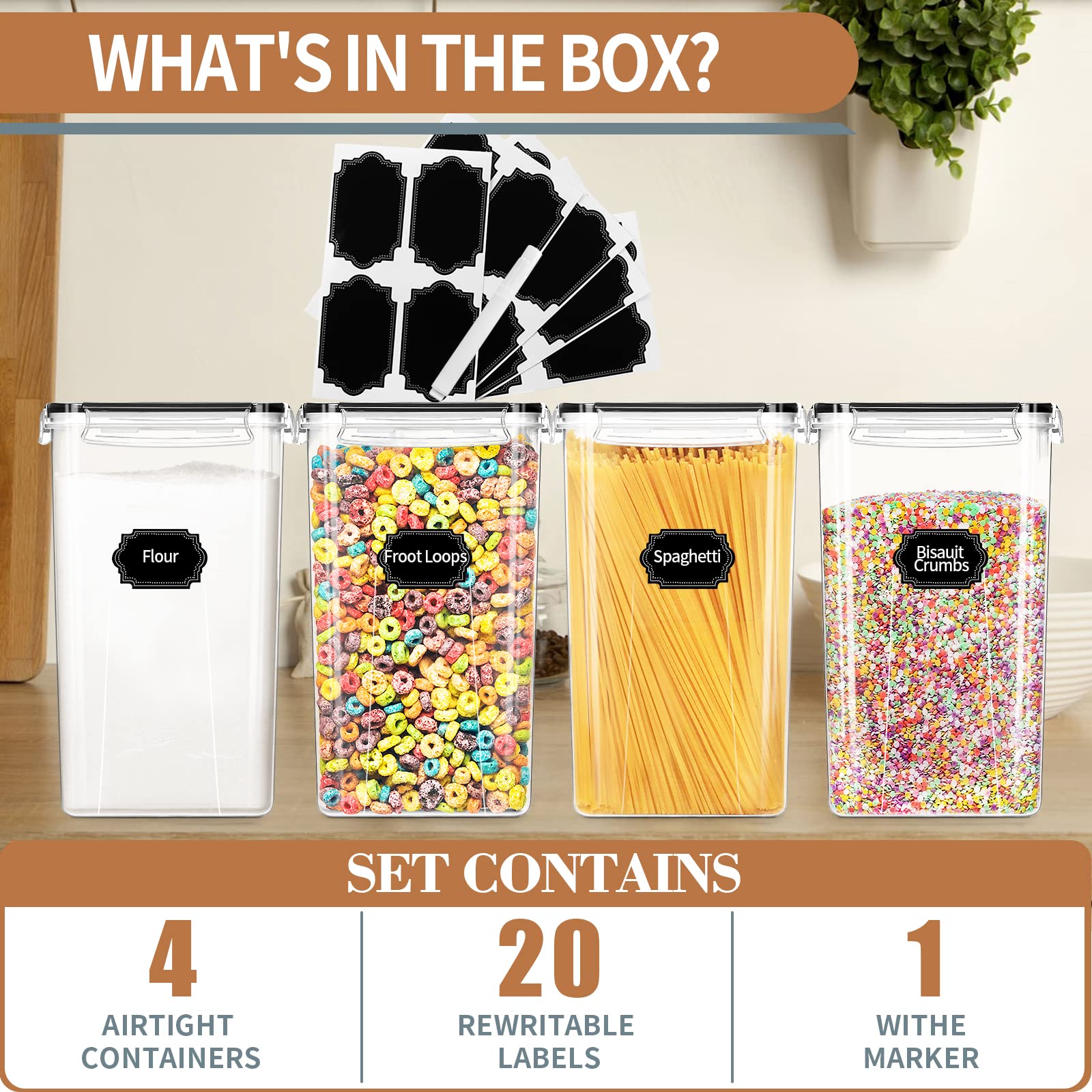 PRAKI Extra Large Tall Airtight Food Storage Containers 6.5L / 220oz, BPA Free, 4pcs Pantry Kitchen Organization Set for Flour, Sugar, Baking Supplies, Plastic Flour Container with 20 Labels & Maker