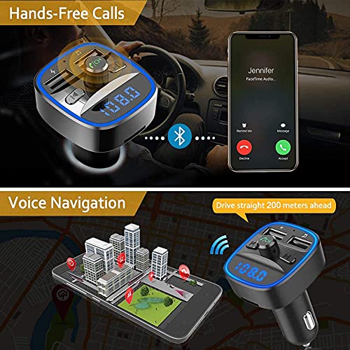 Bluetooth FM Transmitter for Car, Blue Ambient Ring Light Wireless Radio Car Receiver Adapter Kit with Hands-Free Calling, Dual USB Charger 5V/2.4A and 1A, Support SD Card, USB Disk (Black)