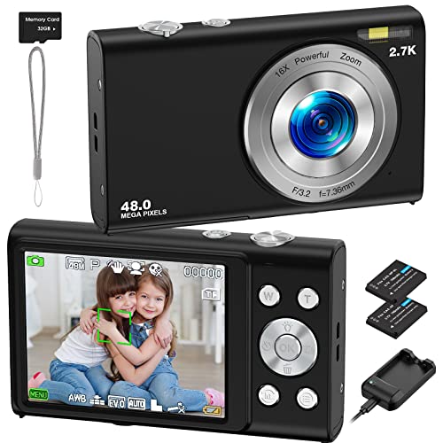 Digital Camera, RUAHETIL Autofocus FHD 2.7K 48MP Vlogging Camera for Kids, 16X Zoom 2 Charging Modes Kids Compact Camera Point and Shoot Camera for Kids Teens Students(Black)