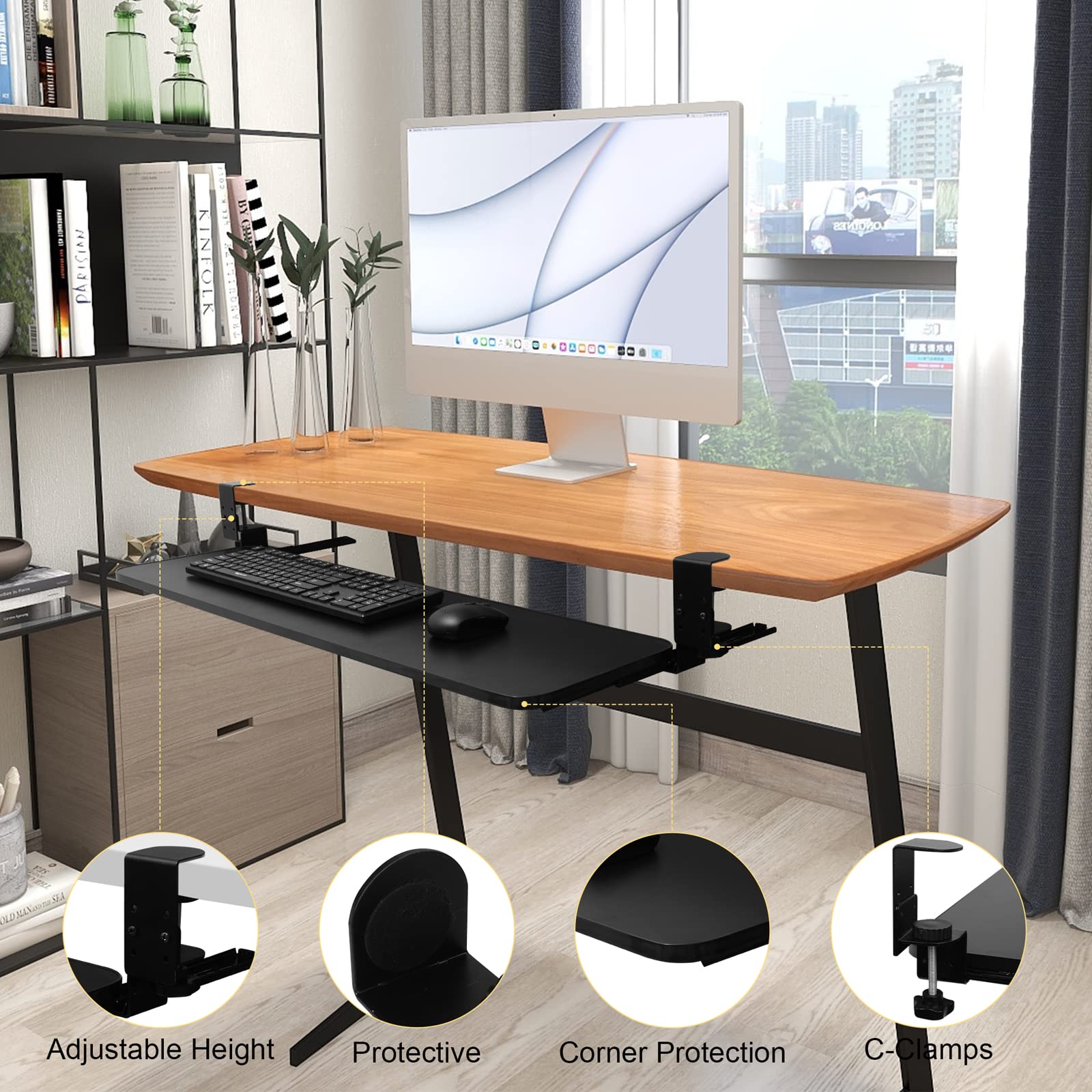 Kanrichu 35.4'' Extra Large Keyboard Tray, No Screw Long Adjustable Height Under Desk Pull Out Keyboard Drawer with C Clamp (Black)