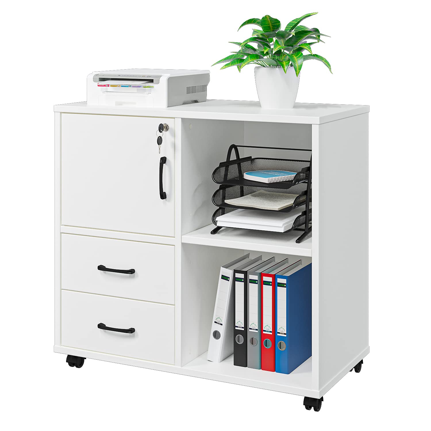 Office Storage Cabinet with 2 Drawers, Modern Rolling Cabinet with 3 Storage Shelves Printer Stand Table with Wheels for Home Office Storage (White)