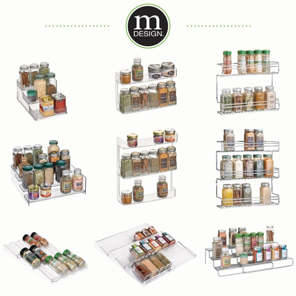 mDesign Expandable Plastic Deluxe Spice Rack, Drawer Organizer for Kitchen Cabinet Drawers - 3- Tier Slanted for Spice Jar, Food Seasoning Bottle Storage, Easy Install - Ligne Collection - Clear