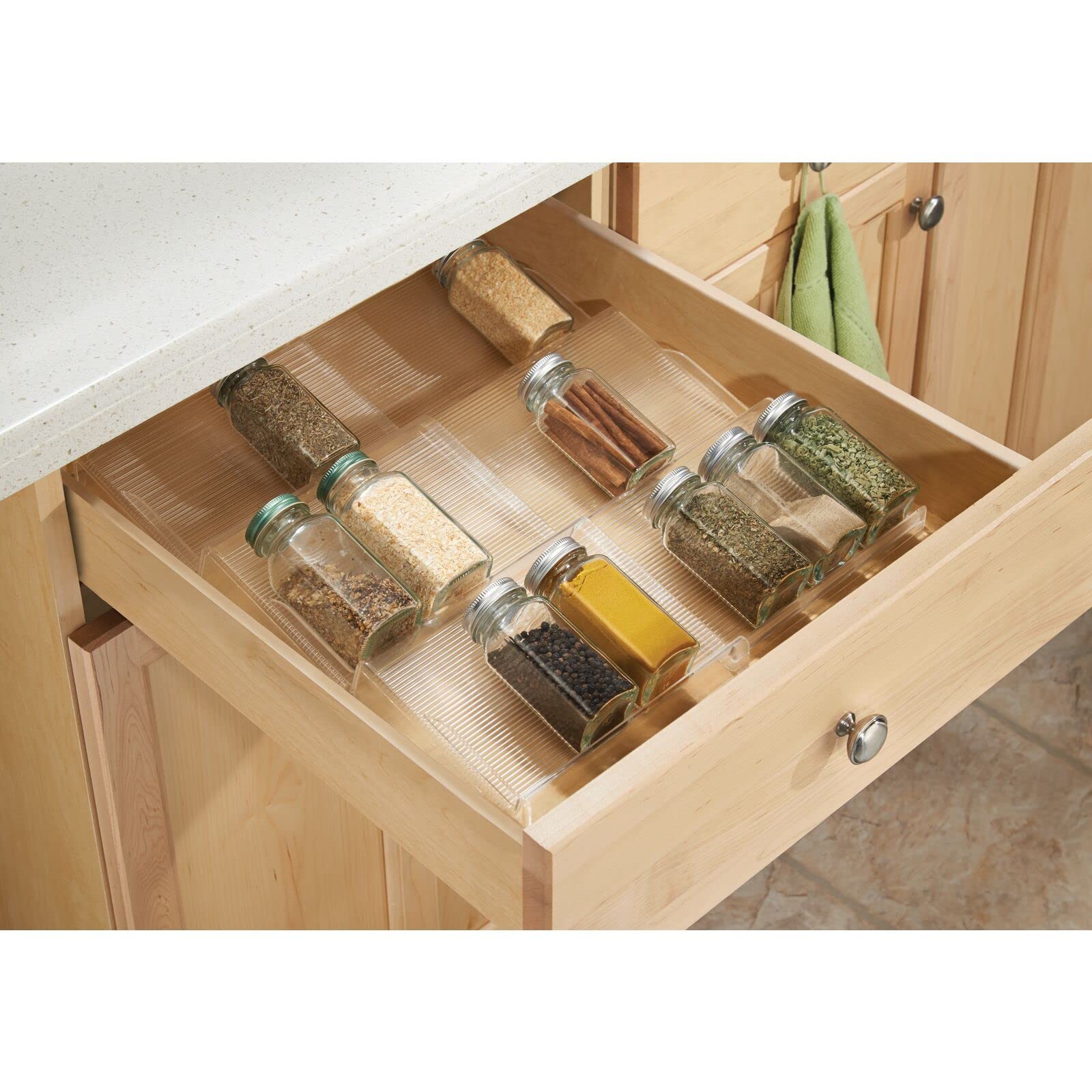 mDesign Expandable Plastic Deluxe Spice Rack, Drawer Organizer for Kitchen Cabinet Drawers - 3- Tier Slanted for Spice Jar, Food Seasoning Bottle Storage, Easy Install - Ligne Collection - Clear