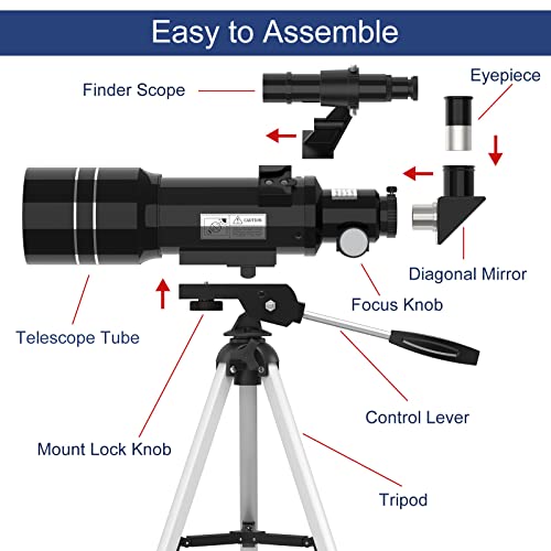 KIOSESI Telescope for Adults & Kids, 70mm Aperture 400mm Refractor Telescope (20X-200X) for Astronomy Beginners, Portable Telescope with Phone Adapter & Wireless Remote, Astronomy Gifts for Kids