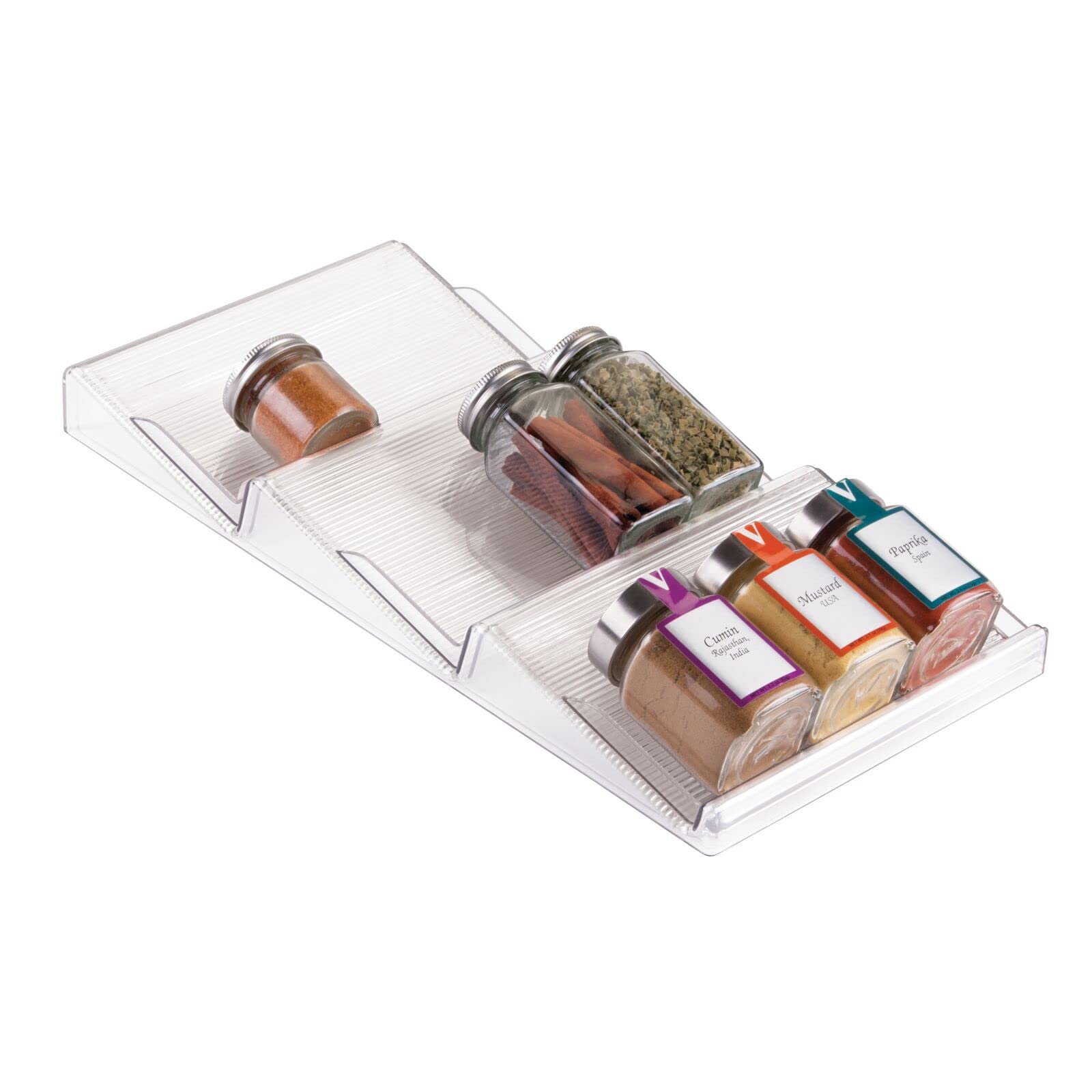 mDesign Expandable Plastic Deluxe Spice Rack, Drawer Organizer for Kitchen Cabinet Drawers - 3- Tier Slanted for Spice Jar, Food Seasoning Bottle Storage, Easy Install - Ligne Collection - Clear