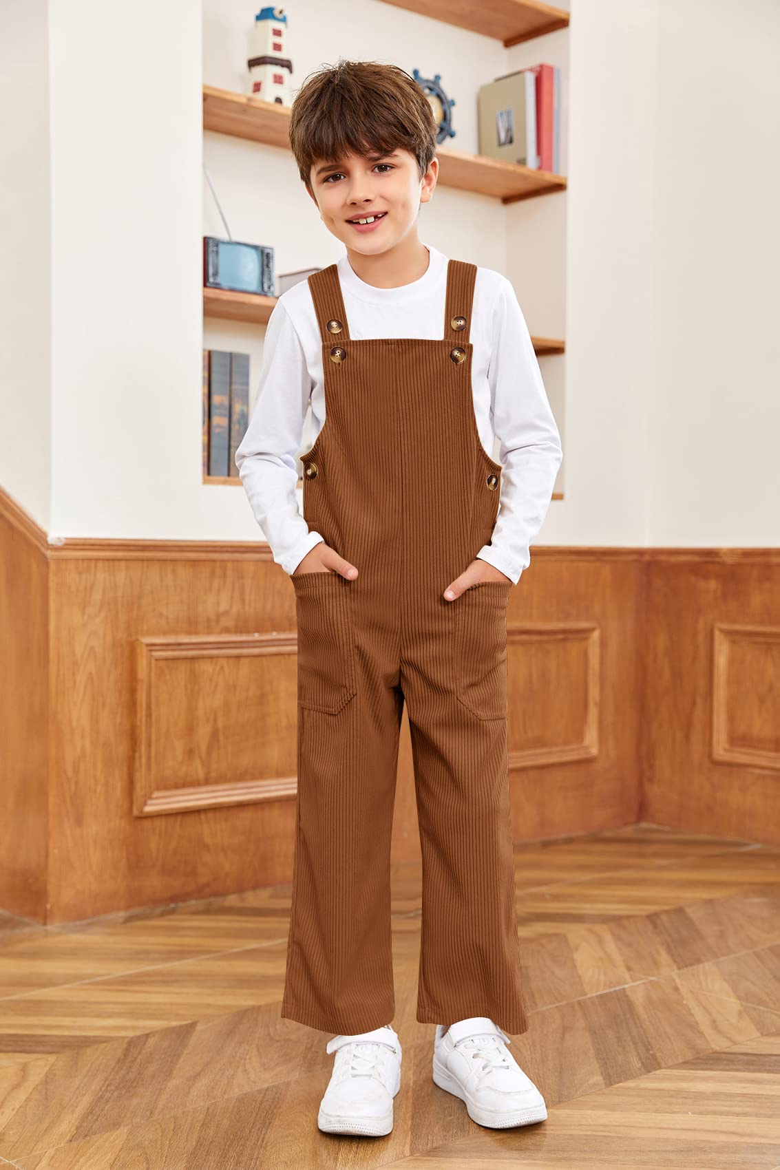 Ciaorbis Kids Girl Boy Corduroy Overall Solid One-Piece Pants with 2 Pocket Suspender Trousers 4-6Years