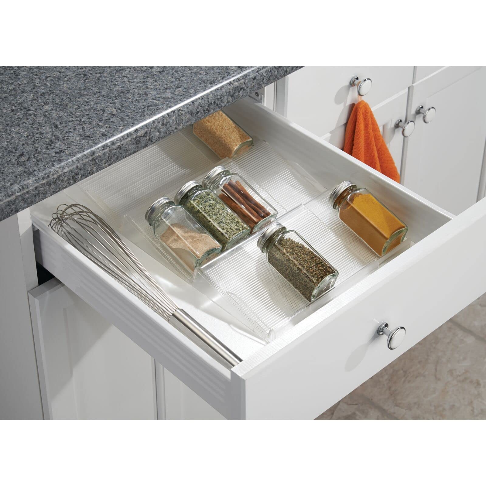 mDesign Expandable Plastic Deluxe Spice Rack, Drawer Organizer for Kitchen Cabinet Drawers - 3- Tier Slanted for Spice Jar, Food Seasoning Bottle Storage, Easy Install - Ligne Collection - Clear