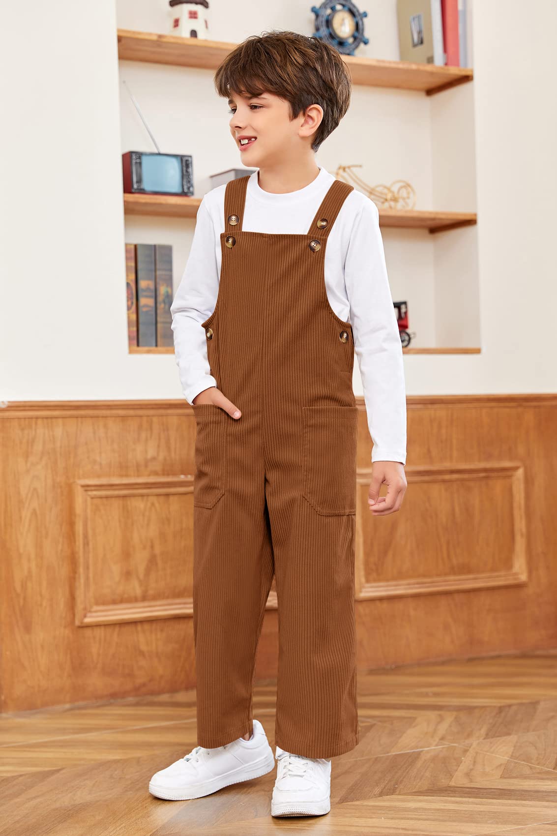 Ciaorbis Kids Girl Boy Corduroy Overall Solid One-Piece Pants with 2 Pocket Suspender Trousers 4-6Years