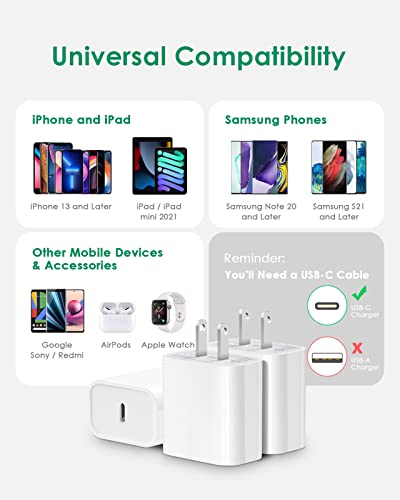Type C Charging Block [3 Pack] 20W iPhone Charger Block USD C Charger Block Fast Charging for iPhone iPhone 14/14 pro/14 plus/14 pro max/13/12/11/SE/XR/8, iPad Pro/Mini, Galaxy, Pixel 4/3 and More