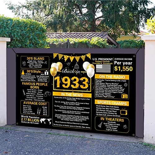 Crenics Black Gold 90th Birthday Decorations, Vintage Back in 1933 Birthday Backdrop Banner, Large 90 Years Old Birthday Anniversary Poster Photo Background Party Supplies for Women Men, 5.9 x 3.6 Ft