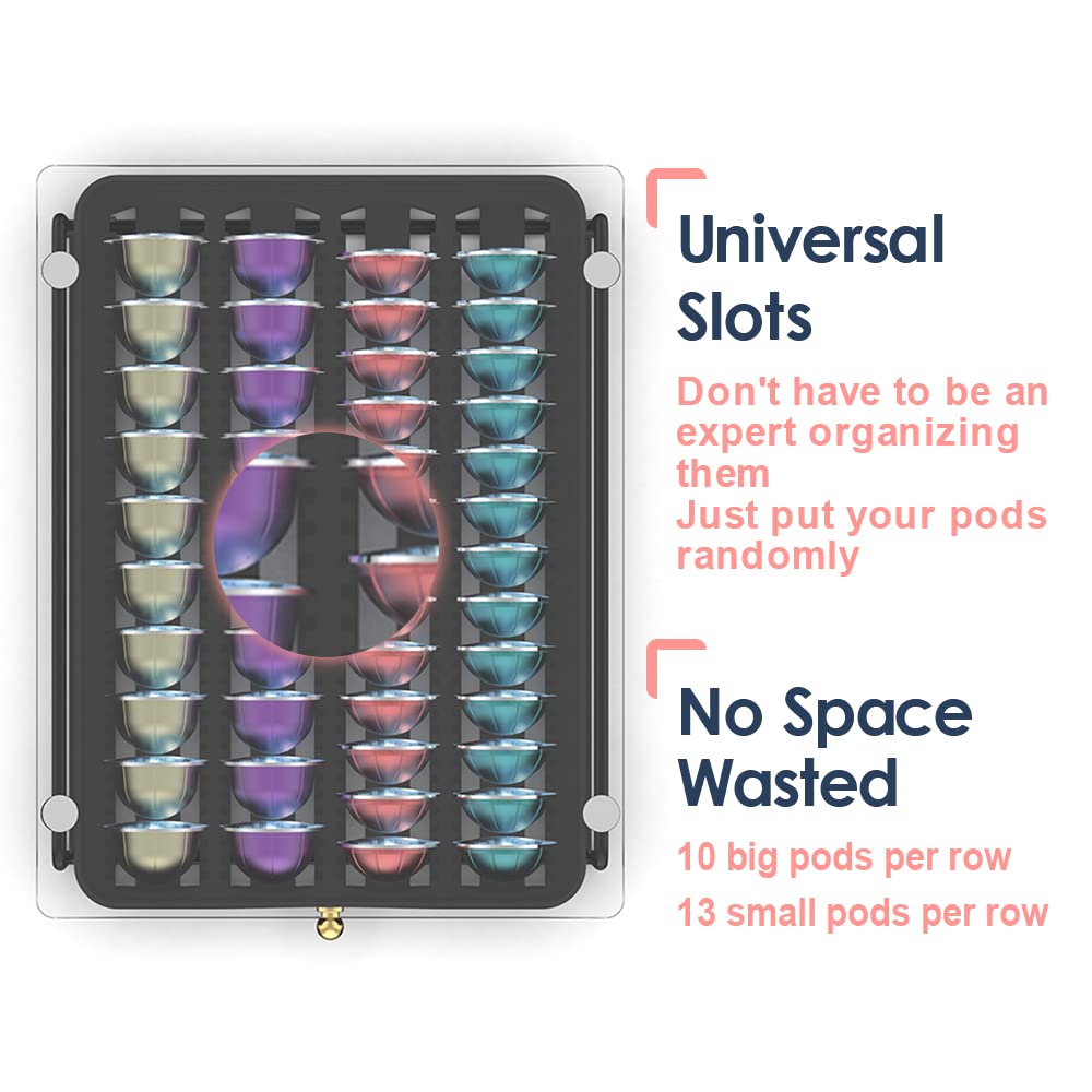EVERIE Crystal Tempered Glass Top Organizer Drawer Holder Compatible with Nespresso Vertuo Capsules, Compatible with 40 Big or 52 Small Vertuoline Pods, NP02