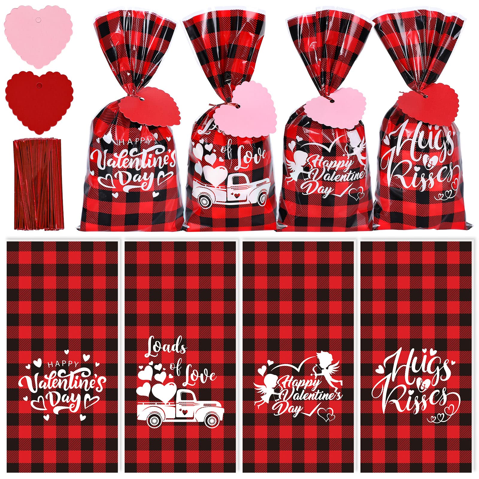 Whaline 160Pcs Valentine's Day Cellophane Bags Red Black Buffalo Plaids Cello Bags with 160Pcs Twist Tie & 40Pcs Heart Tags 4 Style Goodie Candy Treat Bags for Valentine Wedding Party Favor Supply