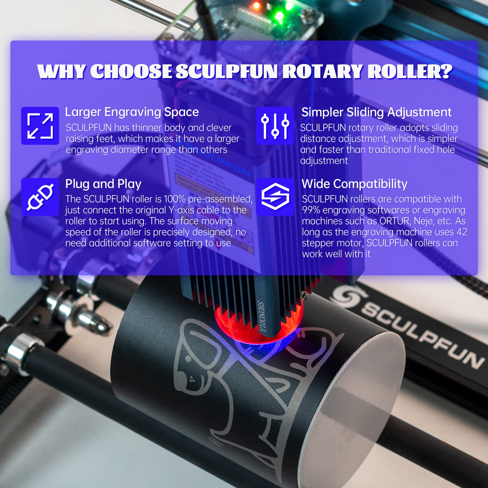 SCULPFUN Laser Rotary Roller, Laser Engraver Y-axis Rotary Module, 360° Laser Rotary Attachment for Engraving Cylindrical Objects Cans, Compatible with Most Laser Engraving Machines on The Market