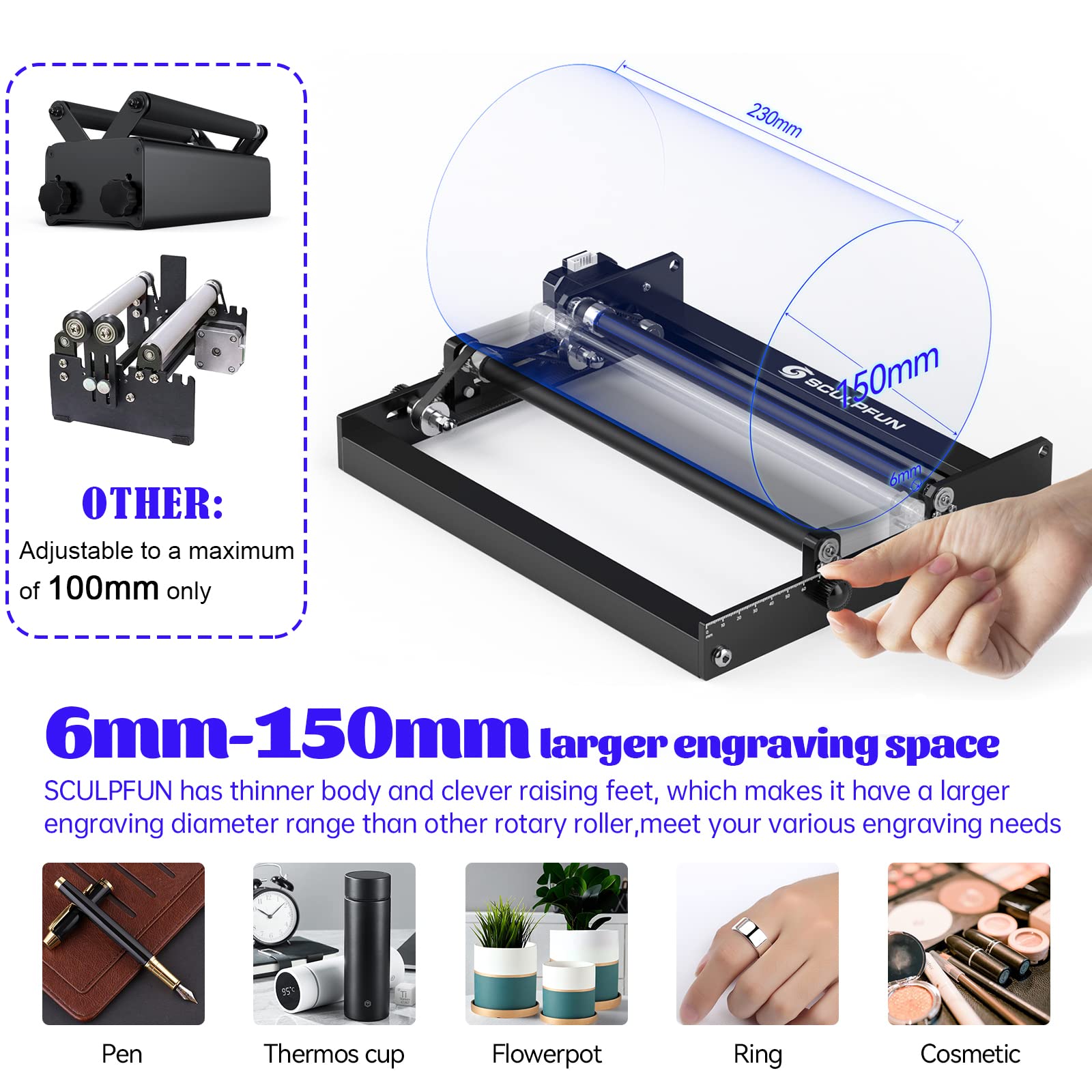 SCULPFUN Laser Rotary Roller, Laser Engraver Y-axis Rotary Module, 360° Laser Rotary Attachment for Engraving Cylindrical Objects Cans, Compatible with Most Laser Engraving Machines on The Market