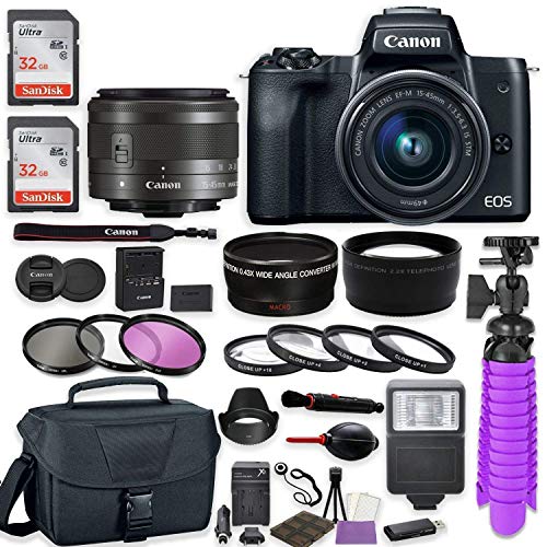 Canon EOS M50 Mirrorless Digital Camera (Black) Premium Accessory Bundle with EF-M 15-45mm is STM Lens (Graphite) + Gadget Case + 64GB Memory + HD Filters + Auxiliary Lenses