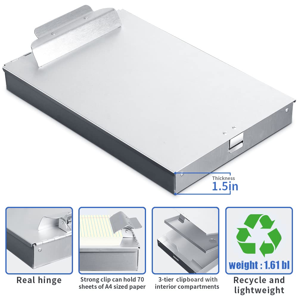 Sunnyclip Metal Clipboard with Storage, Aluminum Three-Tier Box Clipboards,Binder Form Holder with High Capacity Clip,Great for Worksites,Management,Office Business Professionals,14 x 9 x1.5 inch