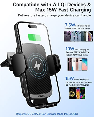 ZOOAUX Wireless Car Charger Vent Mount, 15W Fast Charging Auto-Clamping Car Mount, Air Vent Car Phone Holder for iPhone 13/13 mini/12/11/XS/XR/X/8,Samsung S22/S21/S20/S10/S9 Note 10(Grey)