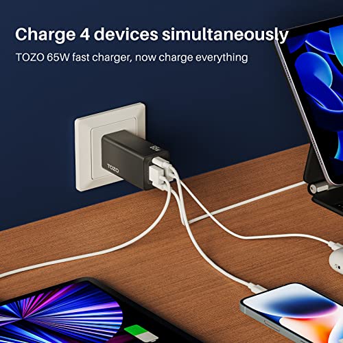 TOZO C2 USB C 65W Fast Foldable Wall Charger PD Power Adapter 4 Ports Compatible for MacBook Pro/Air, iPad Pro, USB-C Laptops, iPhone 14/13/12/Pro/Pro Max, Samsung S22/21, Black(Cable not Included)