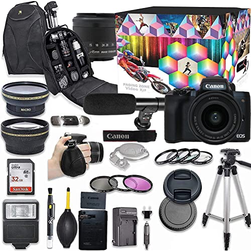 EOS M50 Mark II Mirrorless Digital Camera with 15-45mm Lens Kit (Black) + Wide Angle Lens + 2X Telephoto Lens + Flash + SanDisk 32GB SD Memory Card + Video Accessory Bundle