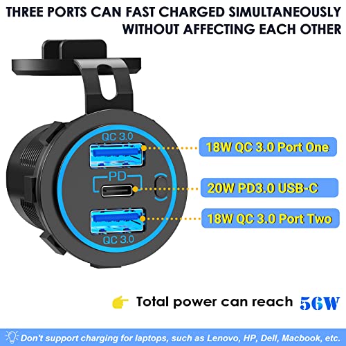 Newest 12V USB Outlet Ouffun 56W 12V USB C Car Charger Socket 20W PD USB-C & Dual 18W QC3.0 Car USB Port 12V Socket with Power Switch Waterproof DIY Outlet for Car Boat RV Marine Motorcycle Golf Cart