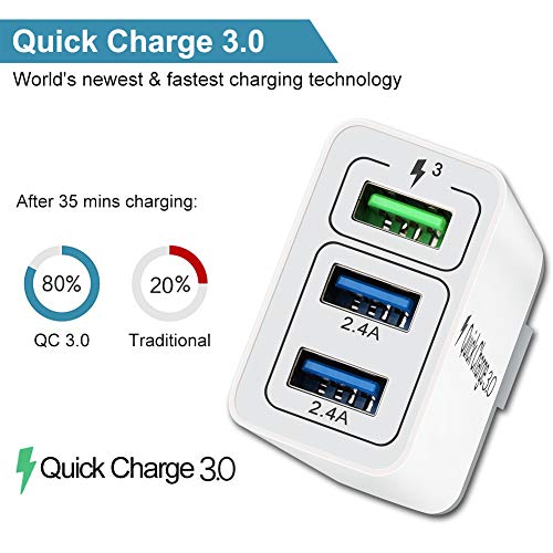 Fast Wall Charger QC 3.0 USB Quick Charge 3 Ports Tablet iPad Phone Charger Adapter Travel Plug Compatible iPhone X/Xs/XS Max/XR/8/8+/7P/7/6/5 Samsung S8/S7/S6/Edge/LG HTC