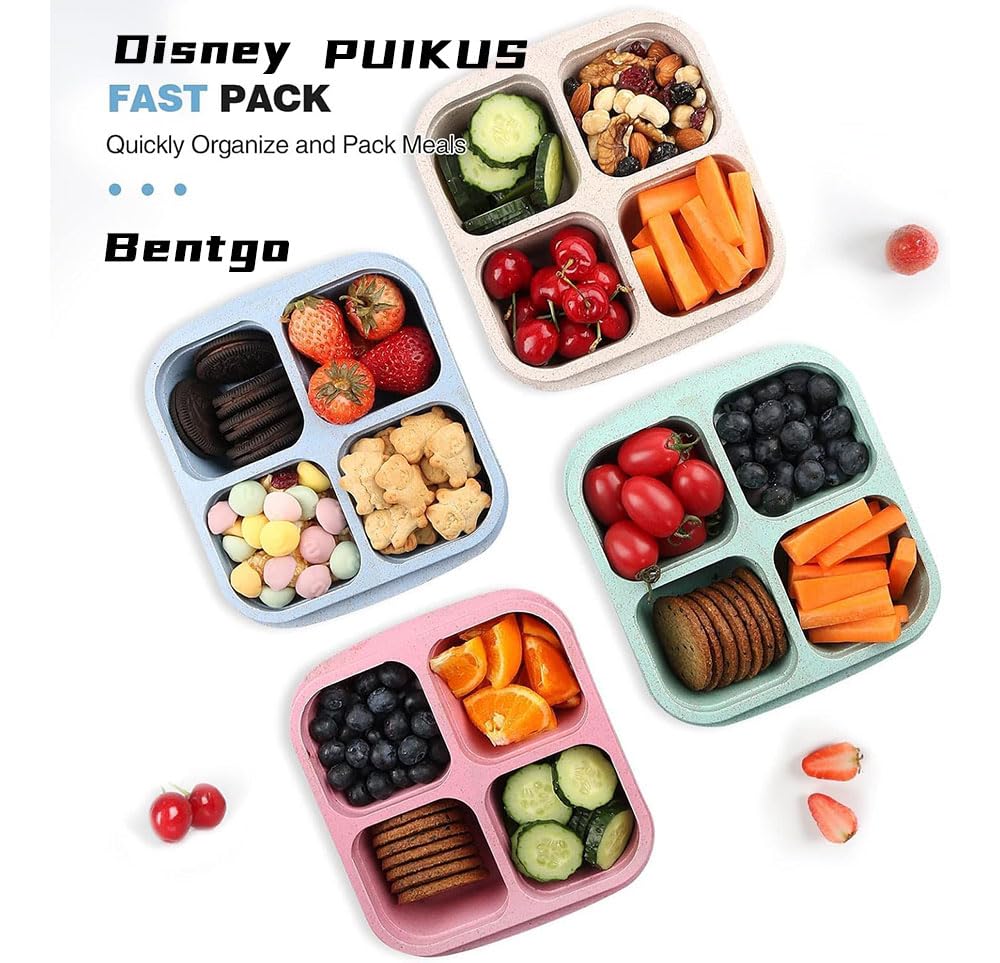 TurtingAs Snack Containers, 4 Pack Reusable Bento Snack Box, 4 Compartments Meal Prep Lunch Containers for Kids Adults, Divided Food Storage Containers for School Work Travel