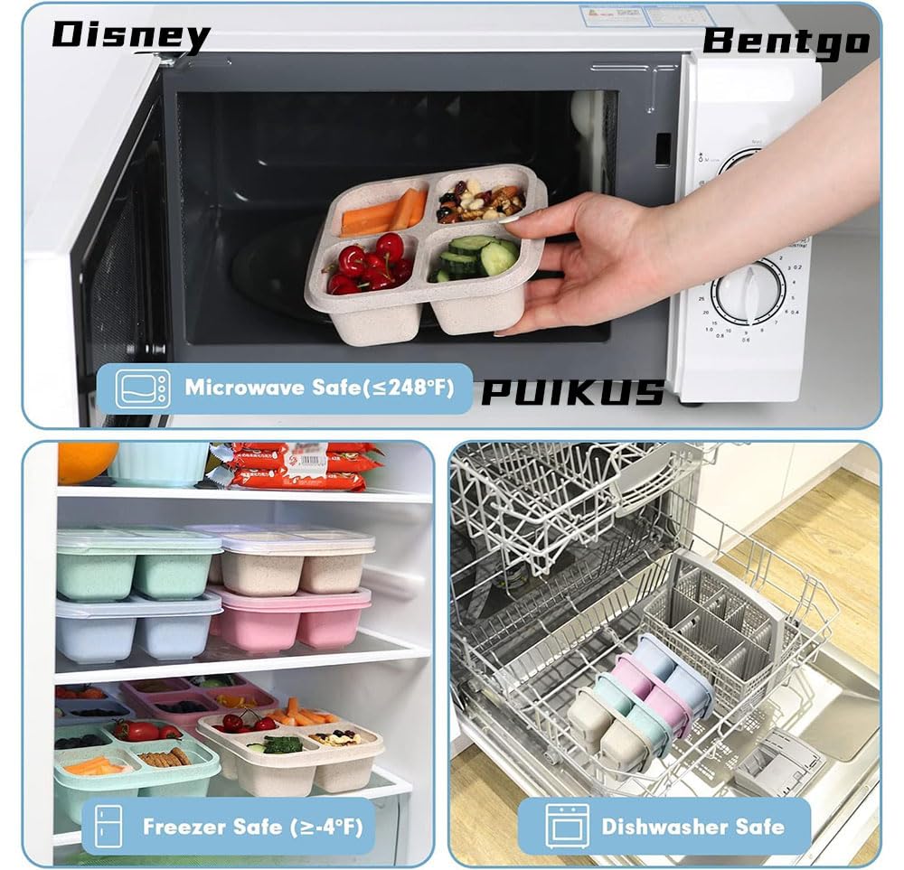 TurtingAs Snack Containers, 4 Pack Reusable Bento Snack Box, 4 Compartments Meal Prep Lunch Containers for Kids Adults, Divided Food Storage Containers for School Work Travel