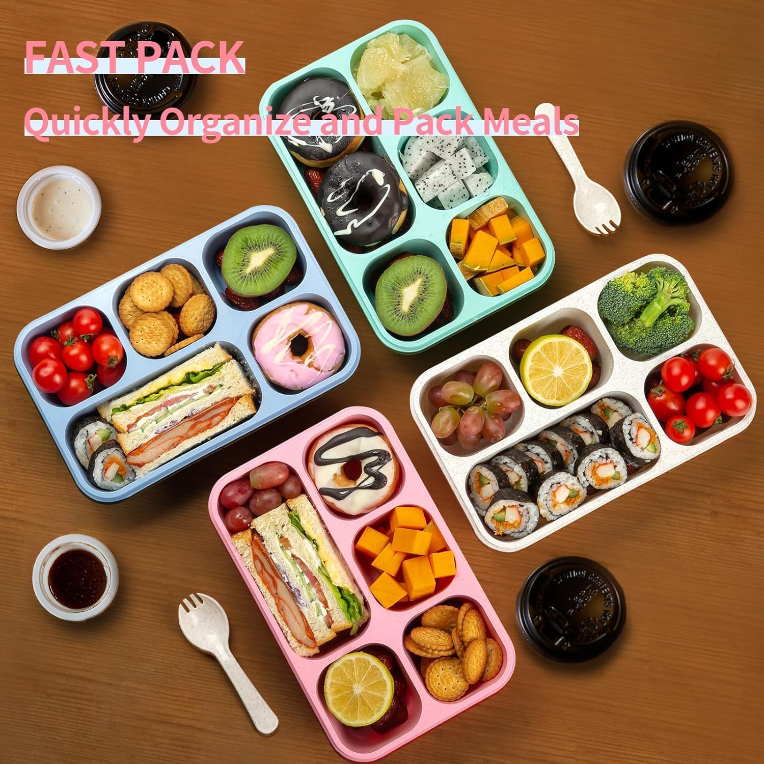 TurtingAs Snack Containers, 4 Pack Reusable Bento Snack Box, 4 Compartments Meal Prep Lunch Containers for Kids Adults, Divided Food Storage Containers for School Work Travel
