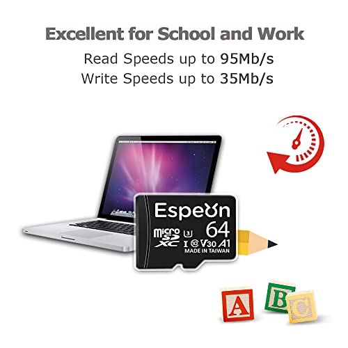 Espeon Micro SD Card 64GB with SD Adapter for Smartphone and Tablet MicroSDXC Memory Expansion, Nintendo-Switch, Portable Game Consoles. 4K Video Playback, A1 UHS-I U3 V30 C10, Up to 95MB/s Read