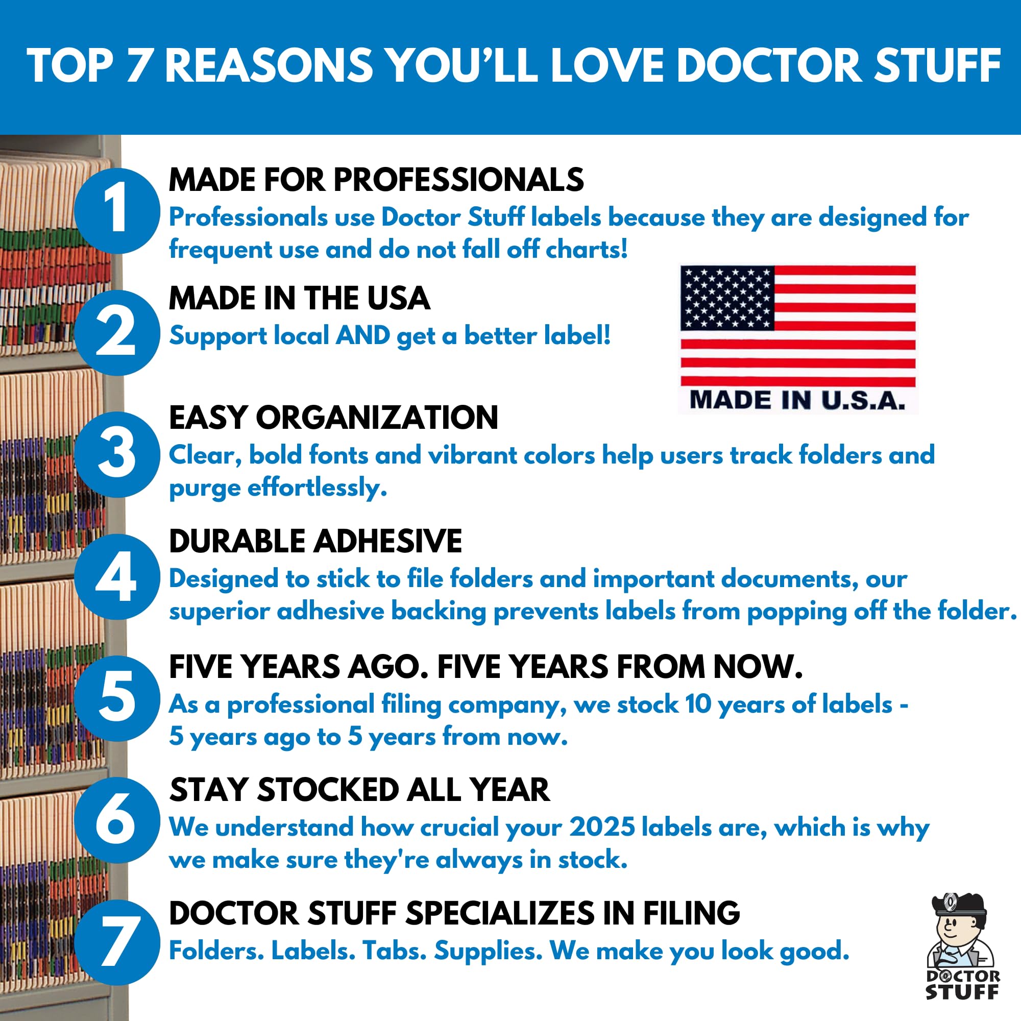 2024 Year Labels, Doctor Stuff 2024 Chart Stickers, Blue/Black Color Coded, Barkley FYCPM Style, USA Made Year Stickers for End Tab File Folders, 500/Roll, 1 Roll, 3/4" x 1-1/2"