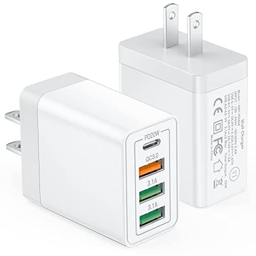 40W USB C Wall Charger Block, 2-Pack 4Port PD+QC Fast Power Adapter, Type C Charging Brick Cube Plug for iPhone 11/12/13/14/Pro Max, XS/XR/X, iPad/AirPods Pro, Samsung, Google, Tablet, Android(White)