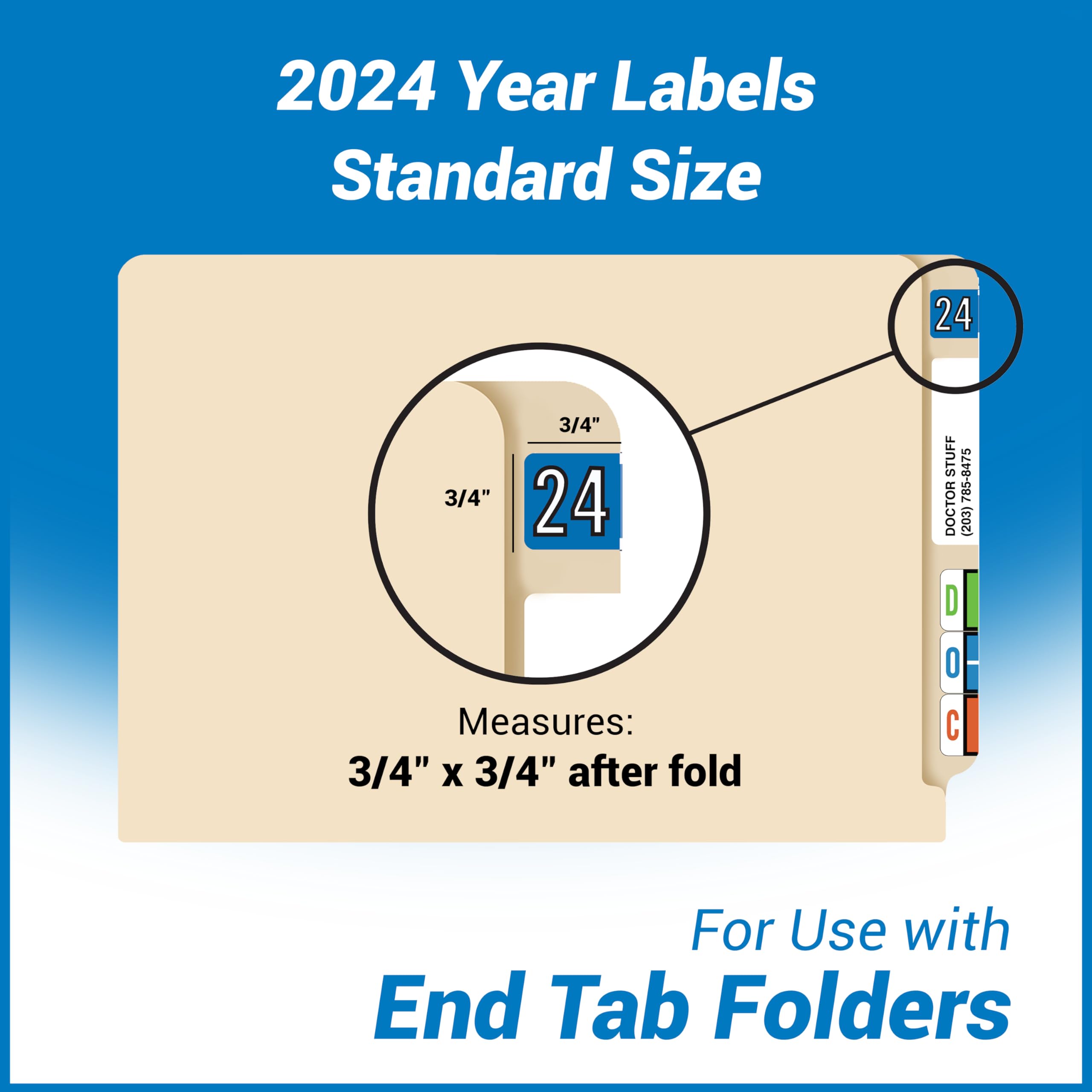 2024 Year Labels, Doctor Stuff 2024 Chart Stickers, Blue/Black Color Coded, Barkley FYCPM Style, USA Made Year Stickers for End Tab File Folders, 500/Roll, 1 Roll, 3/4" x 1-1/2"