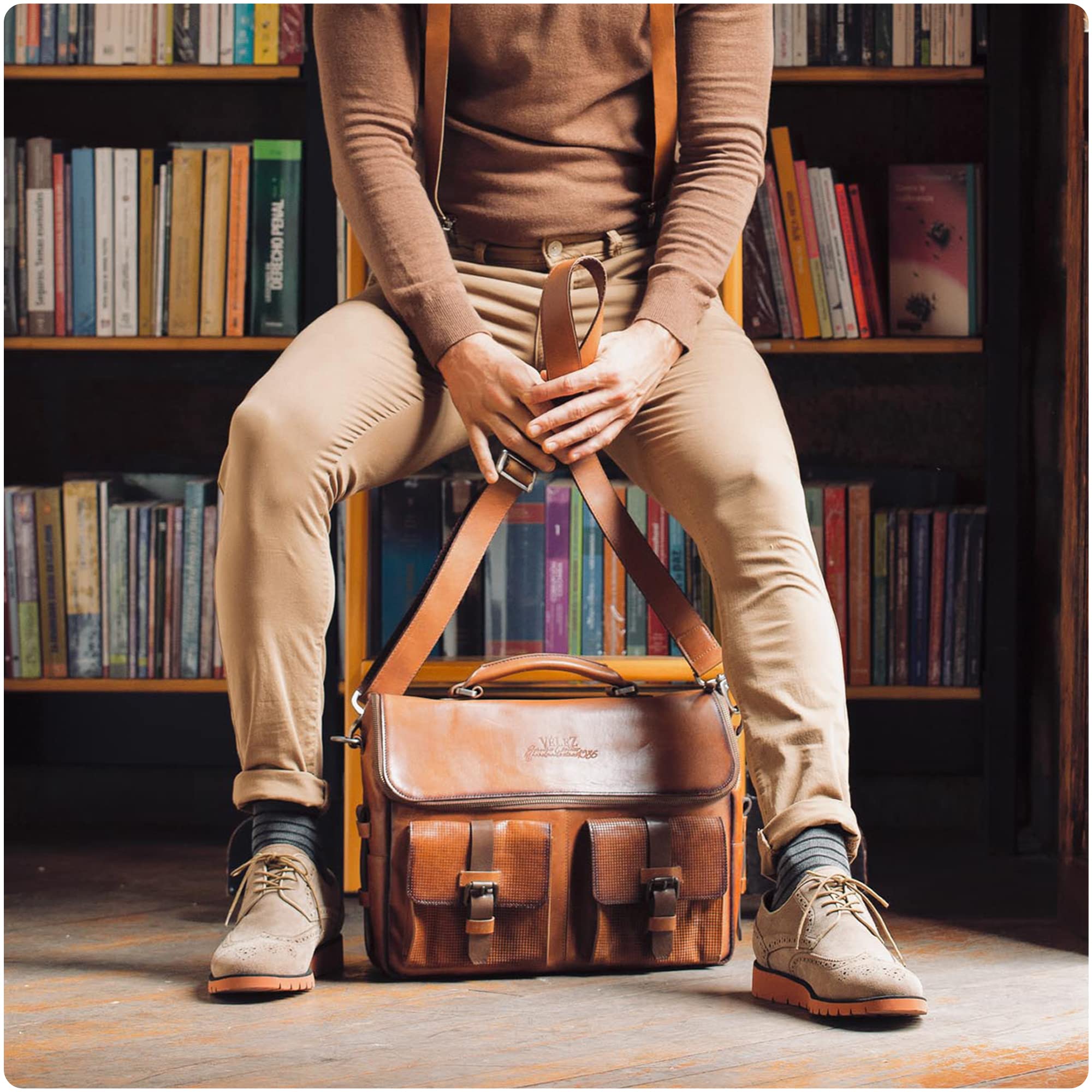 VELEZ 12 Black Mens Business Casual Sneakers + Full Grain Leather Messenger Bag for Men Business Travel Briefcase Computer Laptop Bag