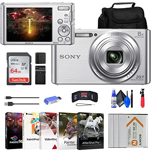 Sony DSC-W830 Digital Camera (Silver) (DSC-W830) + 2 x NP-BN1 Battery + Case + Charger + 64GB Card + Card Reader + Corel Photo Software + Flex Tripod + Micro USB Cable + Memory Wallet + Cleaning Kit
