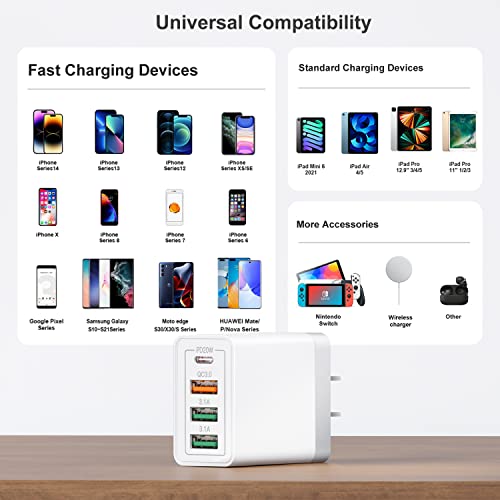 40W USB C Wall Charger Block, 2-Pack 4Port PD+QC Fast Power Adapter, Type C Charging Brick Cube Plug for iPhone 11/12/13/14/Pro Max, XS/XR/X, iPad/AirPods Pro, Samsung, Google, Tablet, Android(White)