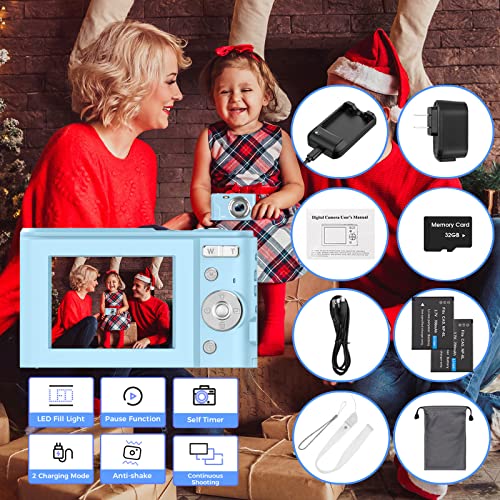 Digital Camera, RUAHETIL Autofocus FHD 1080P 48MP Kids Vlogging Camera with 32GB Memory Card, 2 Charging Modes 16X Zoom Compact Camera Point and Shoot Camera for Kids Teens (Light Blue)