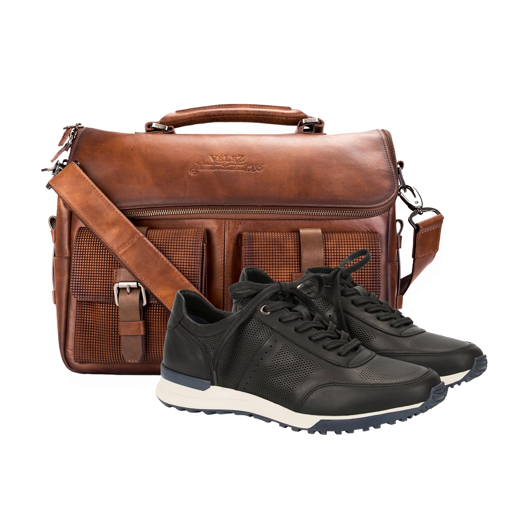 VELEZ 12 Black Mens Business Casual Sneakers + Full Grain Leather Messenger Bag for Men Business Travel Briefcase Computer Laptop Bag