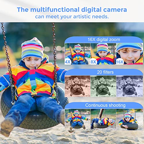 Digital Camera, RUAHETIL Autofocus FHD 1080P 48MP Kids Vlogging Camera with 32GB Memory Card, 2 Charging Modes 16X Zoom Compact Camera Point and Shoot Camera for Kids Teens (Light Blue)