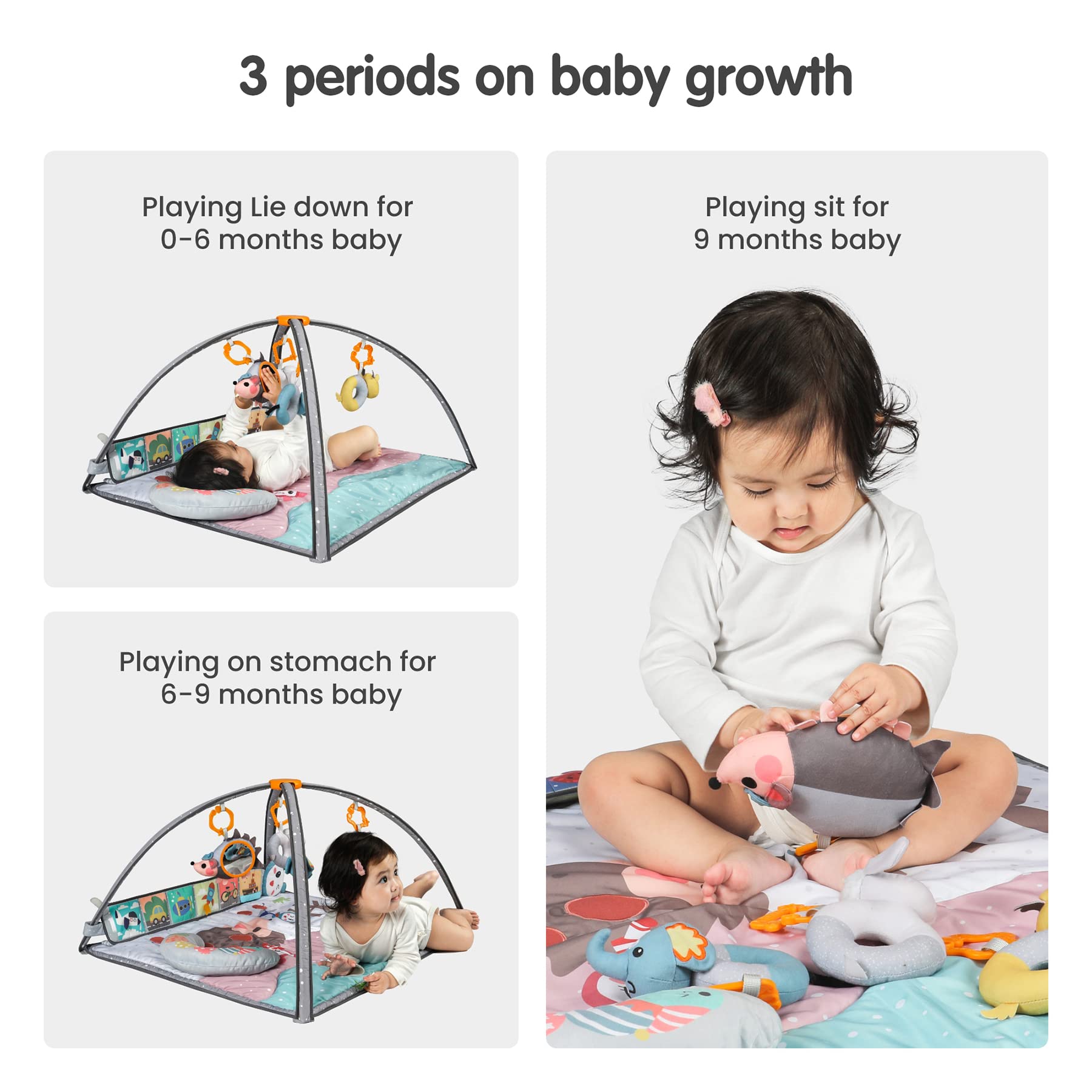 TUMAMA Baby Gym,Playmats with Removable Hanging Toys and Plush Tummy Time Pillow,High Contrast Baby Activity Mat