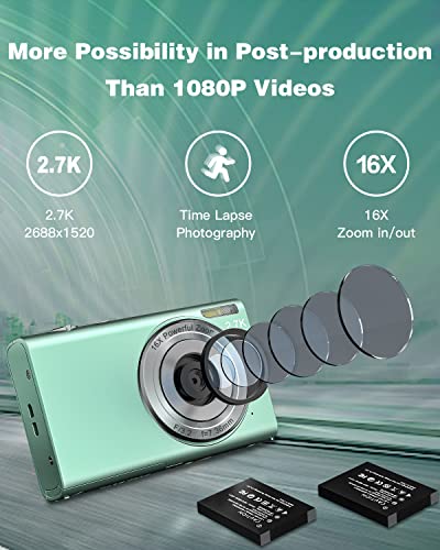 Digital Camera 2.7K 48MP Vlogging Camera, Auto Focus Digital Point and Shoot Camera with 32GB Memory Card,16X Zoom-Pink