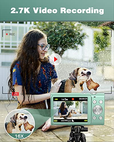 Digital Camera 2.7K 48MP Vlogging Camera, Auto Focus Digital Point and Shoot Camera with 32GB Memory Card,16X Zoom-Pink