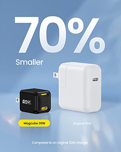 USB C Charger, AOHI Magcube 30W PD Mini Fast Charger GaN+ Wall Charger Power Adapter for iPhone 14/Plus/Pro/Pro Max/MacBook/iPhone 13/13 pro/ 12 Mini Pro Max/iPad Pro/Galaxy S21, Pixel, Black